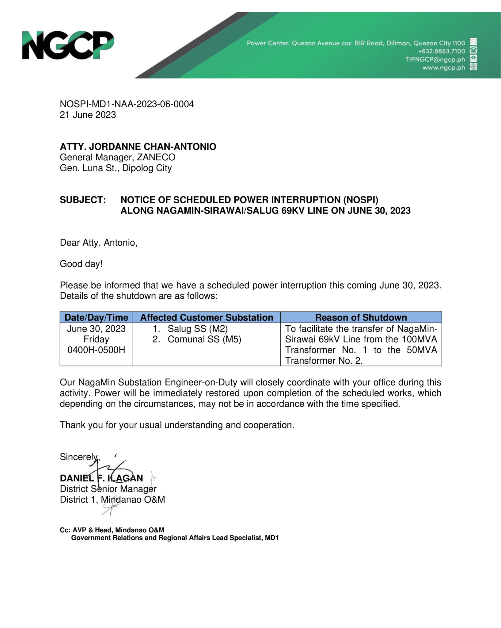 NGCP Power Interruption Update – ZANECO
