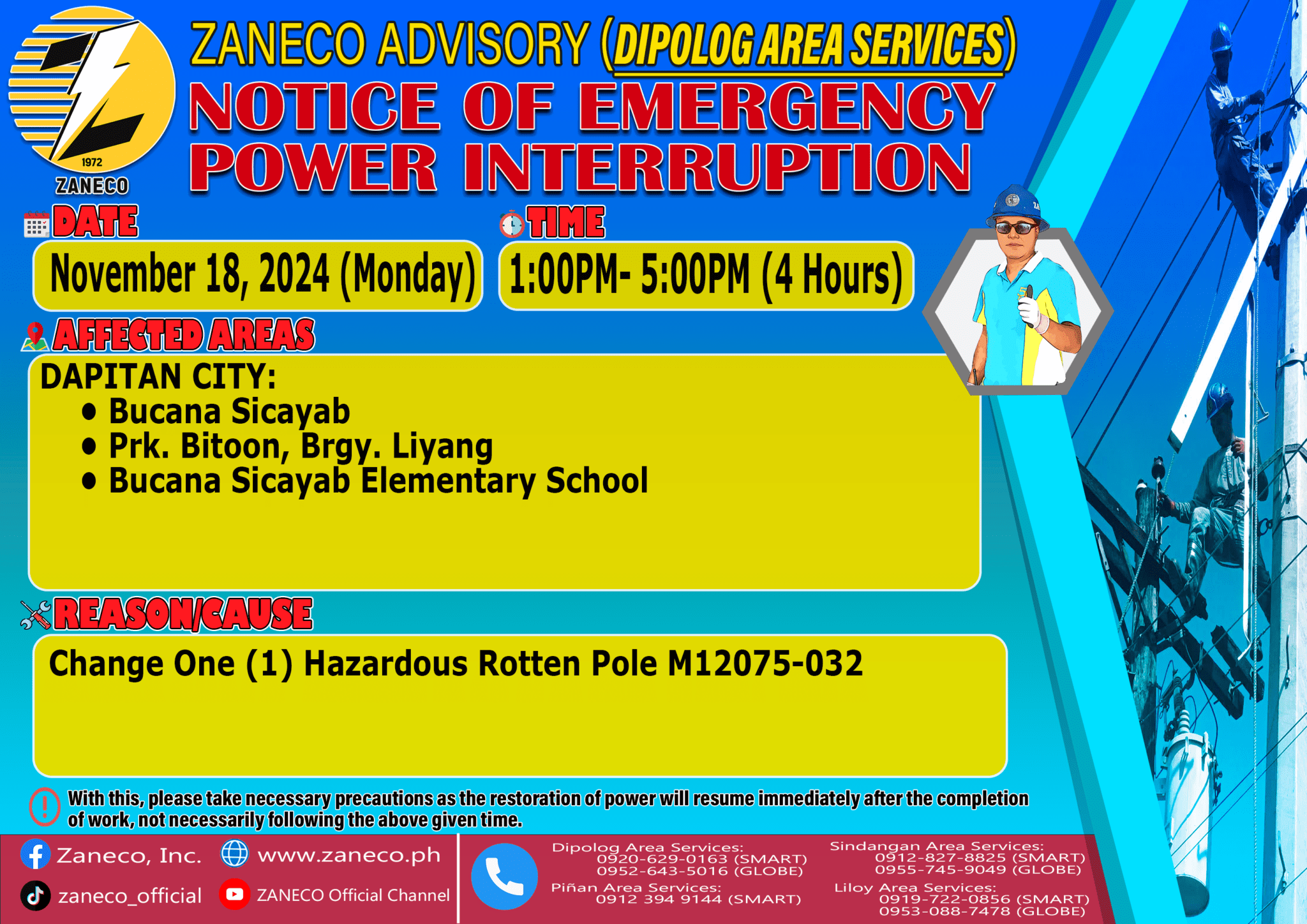 Power Interruption Update DAS – November 18 & 19, 2024 – ZANECO