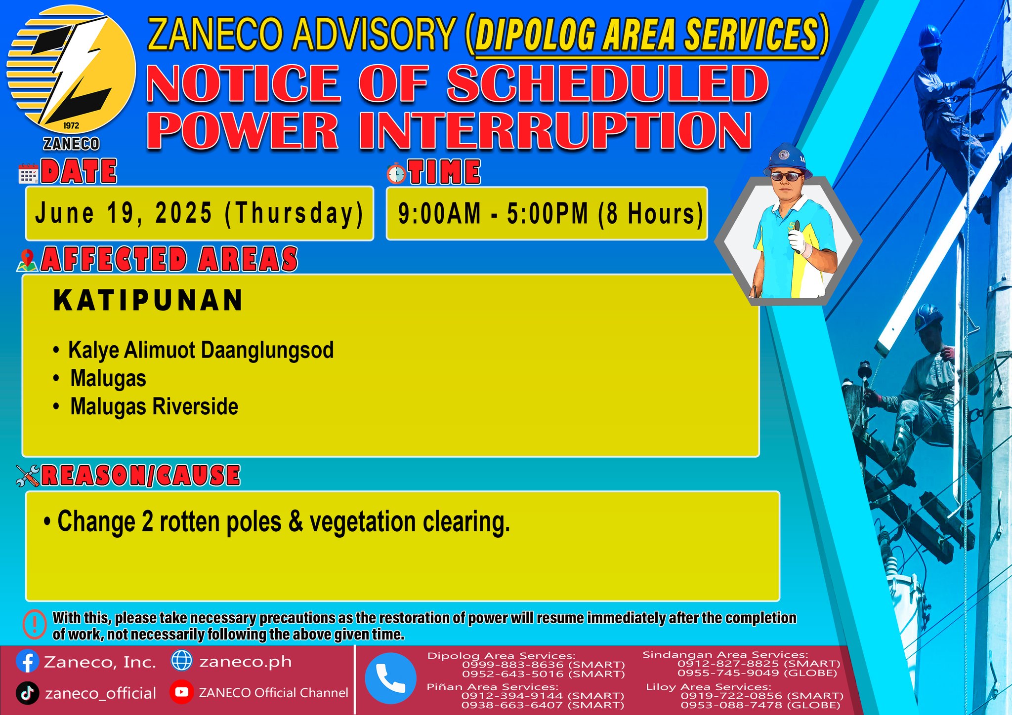 Notice of Scheduled Power Interruption DAS – June 19, 2025 – ZANECO