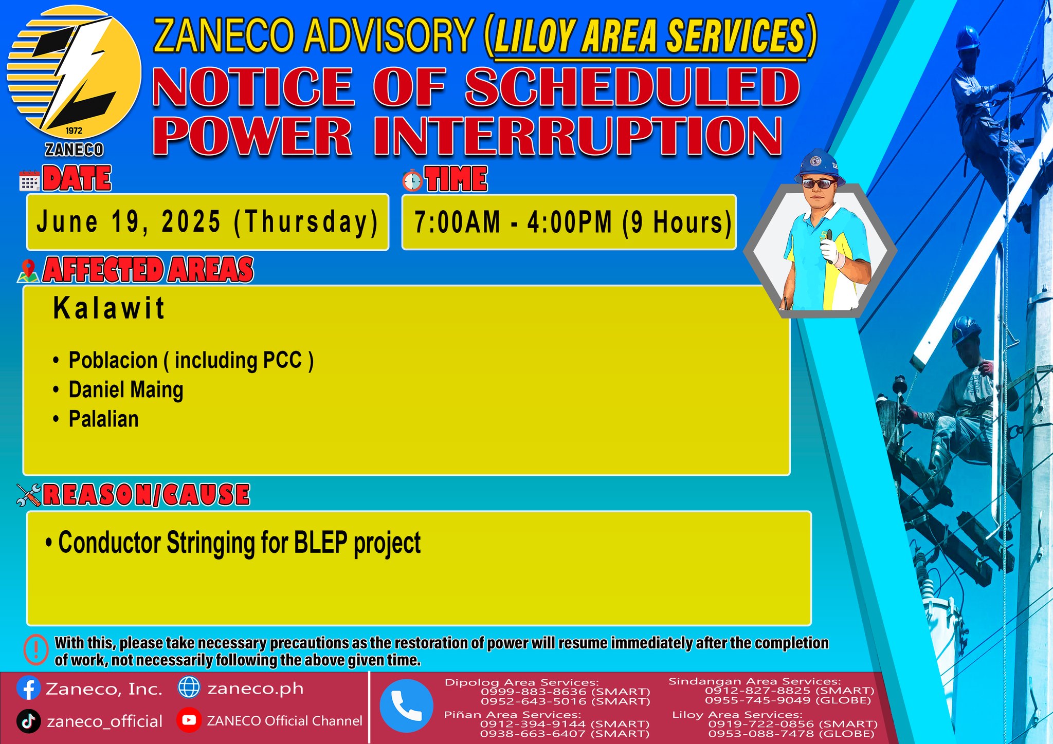 Notice of Scheduled Power Interruption LAS – June 18 & 19, 2025 – ZANECO