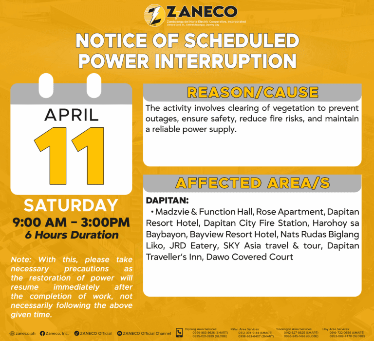 Notice of Scheduled Power Interruption DAS – April 11, 2026. – ZANECO